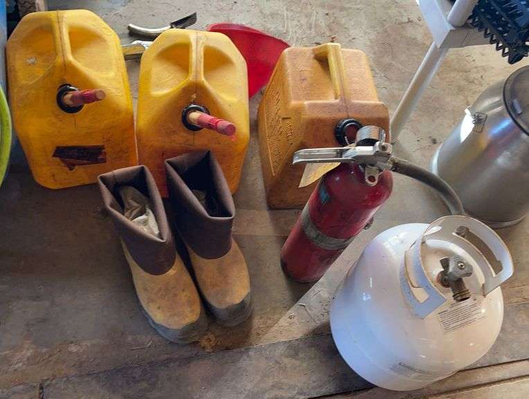Gas cans, water boots, fire extinguisher, propane tank - Sherwood Auctions