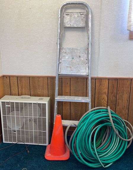 Metal Ladder, Assortment of Hoses, Box Fan - Sherwood Auctions