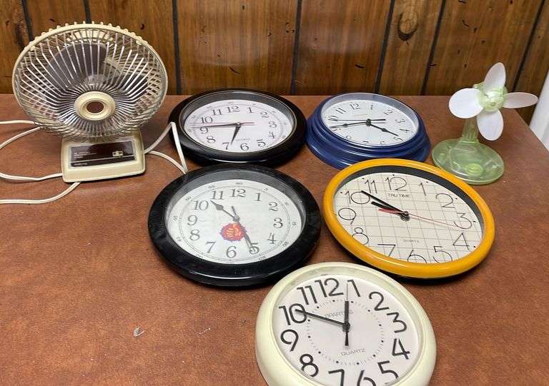 Assortment of Wall Clocks + Two Fans - Sherwood Auctions
