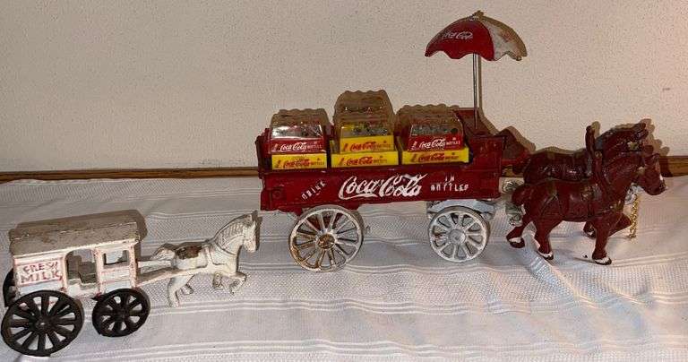 Cast Iron Coca Cola Wagon, 2 Horses & Coke Crates w/ Bottles + Cast ...