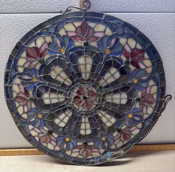 Stained Glass Floral Round Window Hanging Plaque - Sherwood Auctions