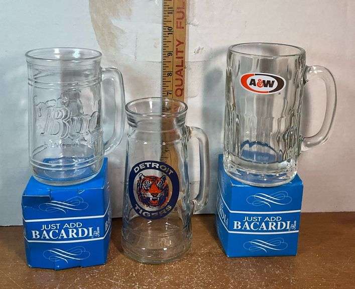 Mugs- Detroit Tigers, BUD, & A & W & (2)Just Add Bacardi Etched Glasses in Boxes - Sherwood Auctions