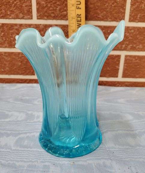 Blue Opalescent Ruffle Vase 6 1/2" - Sherwood Auctions