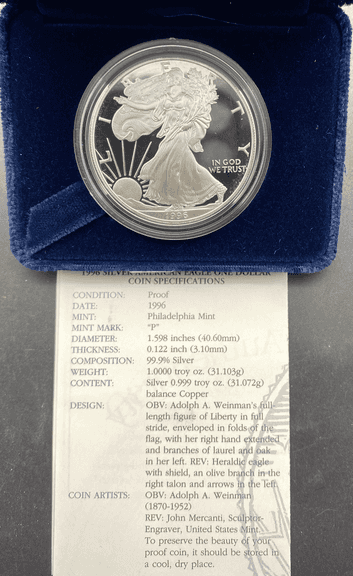 1996 Silver American Eagle One Dollar Proof Coin - Sherwood Auctions