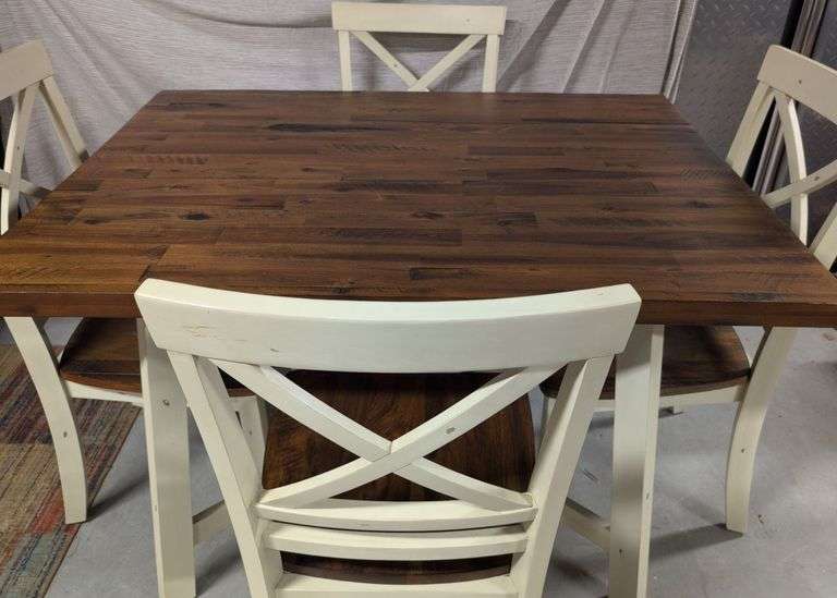 Square Farmhouse Dining Table w/ Butcher Block Top & Four Matching ...