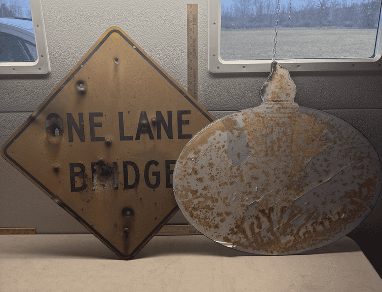 One Lane Bridge Sign & Gasoline Oil Dealer Wall Sign - Sherwood Auctions