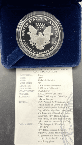 1996 Silver American Eagle One Dollar Proof Coin - Sherwood Auctions