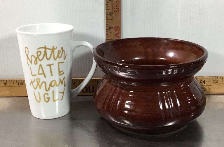 Vintage Brown Pottery Spittoon and Coffee Mug - Sherwood Auctions
