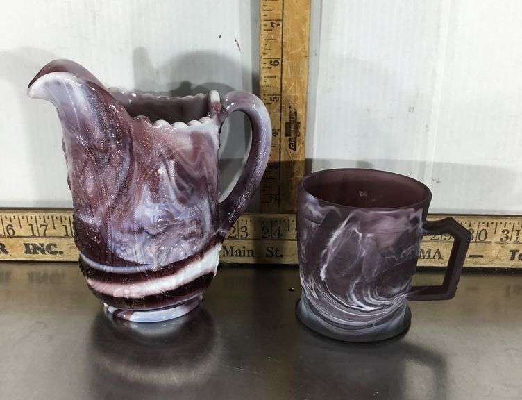 Imperial Purple Slag Glass Pitcher and Cup - Sherwood Auctions