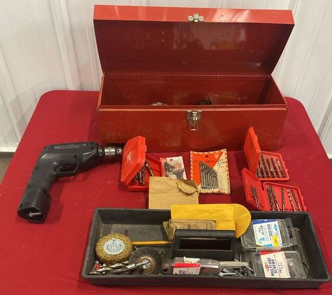 19” Tool Box, Drill, Drill Bits, and More! - Sherwood Auctions
