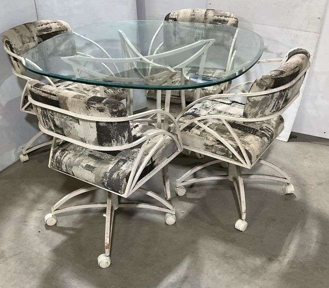 Glass Topped Table & 4 Padded Swivel Chairs on Wheels (48” x 48” & 3 ...