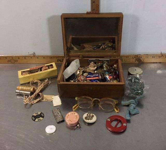 Wooden Box With Miscellaneous Items - Sherwood Auctions