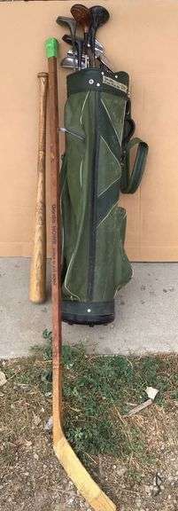 Retro Spaulding Golf Bag, Various Gold Clubs, Wood Baseball Bat and ...