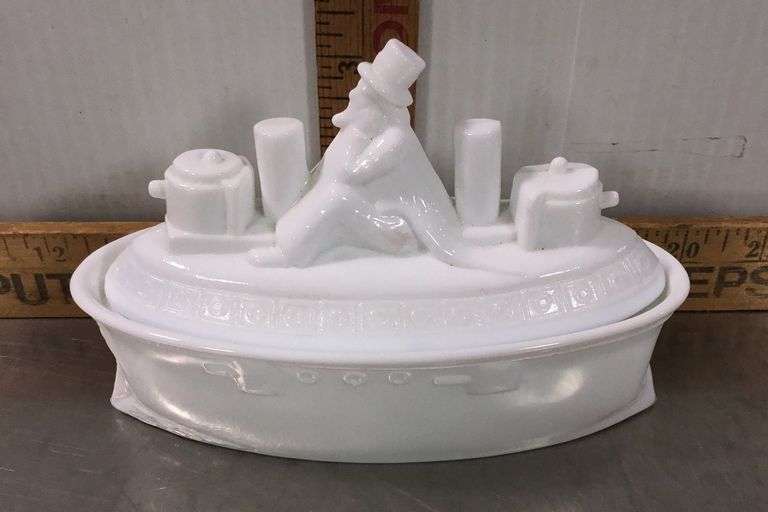 Vintage Milk Glass Uncle Sam On Battleship Covered Dish - Sherwood Auctions
