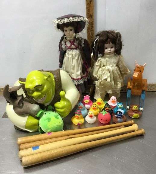 Dolls, Shrek Toy, Rubber Ducks & Small Wooden Bats - Sherwood Auctions