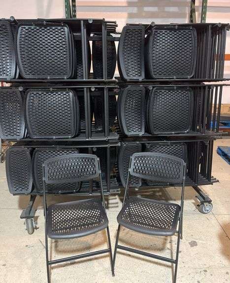 74 Heavy Duty Chairs & Wheeled Chair Storage Rack (75” tall & 84” long ...