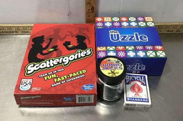 Scattergories, the Uzzle, Jumbo Jacks & Playing Cards - Sherwood Auctions