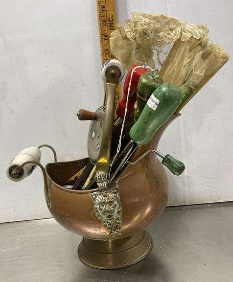 Copper Kettle with Vintage Utensils & Hand Fans - Sherwood Auctions