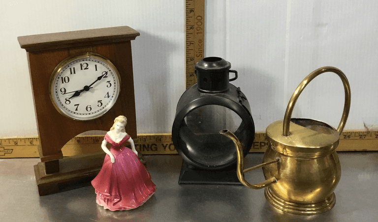 Brass Kettle, Clock, Lamp Candle Holder and Figurine - Sherwood Auctions