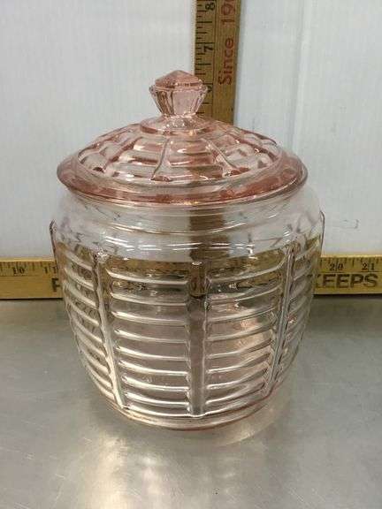 Anchor Hocking Paneled Rib Pink Glass Biscuit Jar - Sherwood Auctions