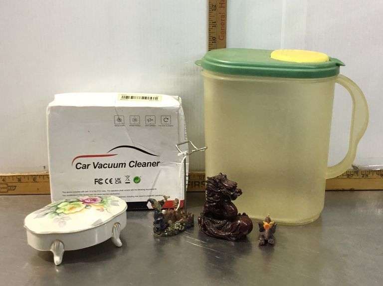 Pitcher, Car Vacuum Cleaner, Trinket Box and Figurines - Sherwood Auctions