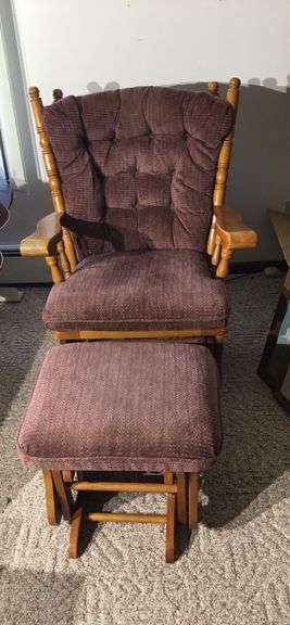 Burgundy Rocking Chair w/ Ottoman 22”Wx24”Dx40”T: Chair 18.5”Wx17”Dx14 ...