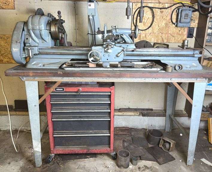 Large Metalworking Lathe Bolted to Workbench (35”T,64”L,28”W) & Homak ...
