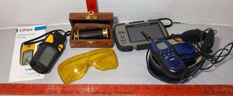 Brass Spyglass in a Wooden Box, Garmin GPS, Stealth Cam Card Reader,Two ...