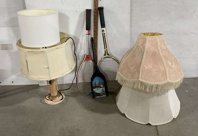 Box with Lamp Shades, Lamp (condition unknown), Tennis Rackets ...