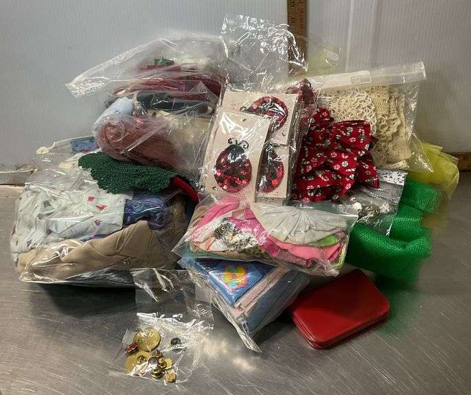 Box of Quilt Pieces, Craft, Doilies, Pins, Iron On Lady Bug Appliqués ...