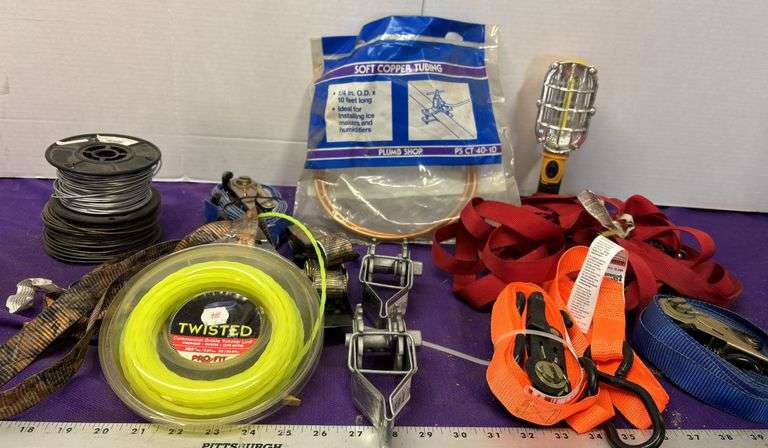 Assorted Tie-Down Straps, Steel Wire, Trimmer Line, Copper Tubing ...