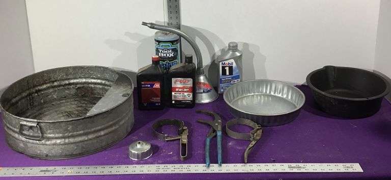 Oil Catch Pans, Wrenches, Funnel and Unopened Motor Oil - Sherwood Auctions