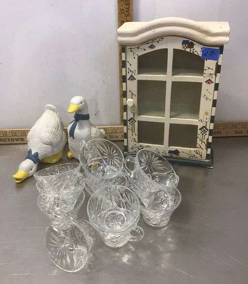 Birdhouse Painted Cabinet, Decorative Geese Statues and Glass Snack Set ...