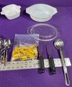 Pyrex Casserole Dish W/ Chipped Lid, Measuring Spoons, Corn Holders ...