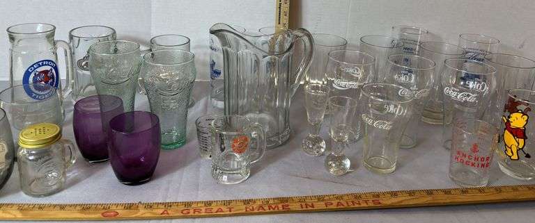 Early 1900's Colonial Water Pitcher, Coca-Cola Glasses, Detroit Tigers Beer Mug, A&W Mug + More ...