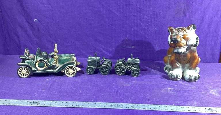Stanley Steamer Decanter, Lion Coin Bank & Tractor Decor - Sherwood ...
