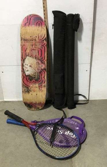 Skateboard Deck, Tennis Rackets and Pool Stick Pieces - Sherwood Auctions