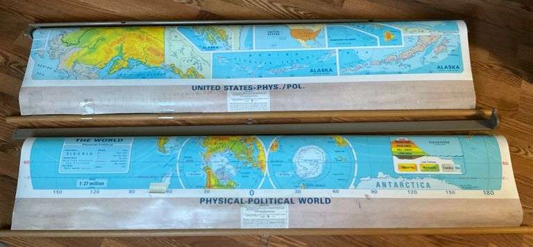 Modern Edu. Systems 66” Wide Pull Down World & U.S.A. Wall Maps Models ...