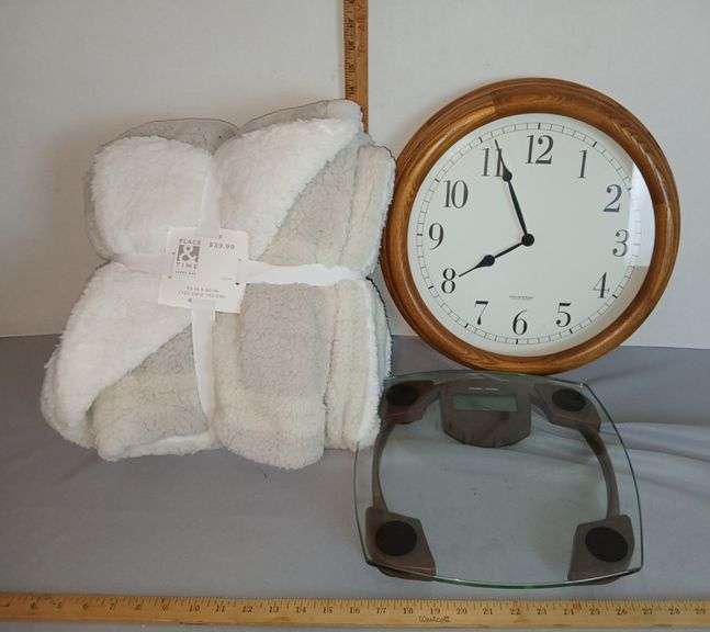 50"x60" Plush Blanket, Wall Clock and Bathroom Scale - Sherwood Auctions