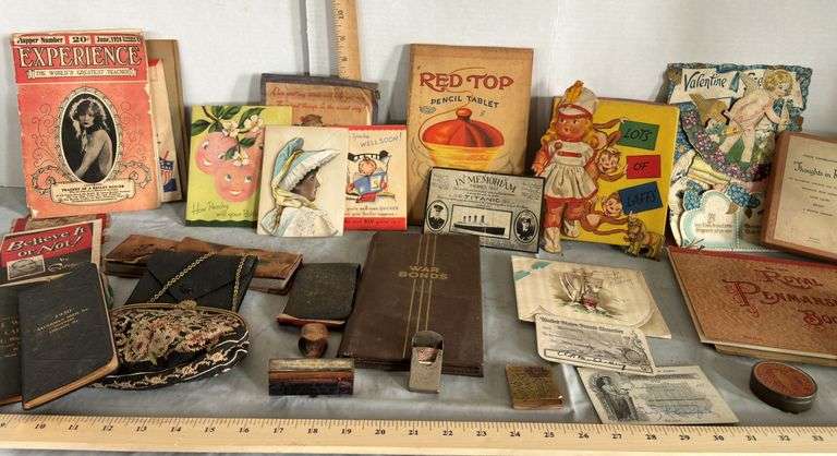 Variety of Vintage Greeting Cards, Note Books, Tin Postage Stamp Keeper ...