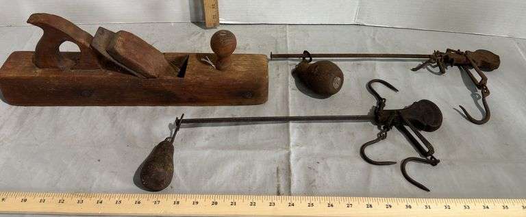 Primitive Wood Planer & Two 1800's Cast Iron Hanging Balance Beam Scale ...
