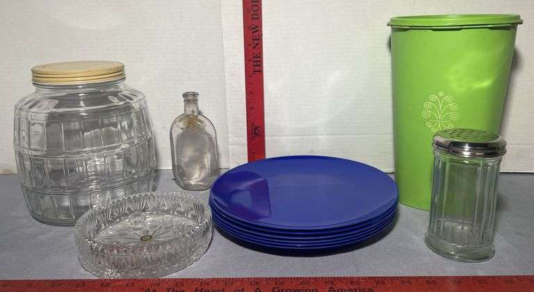 Tupperware Canister, Princess House Candle Holder, Blue Plastic Plates ...