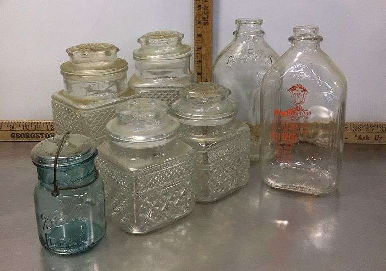 Glass Candy Jars, Blue Glass Ball Jar with Lid and Vintage Half Gallon ...