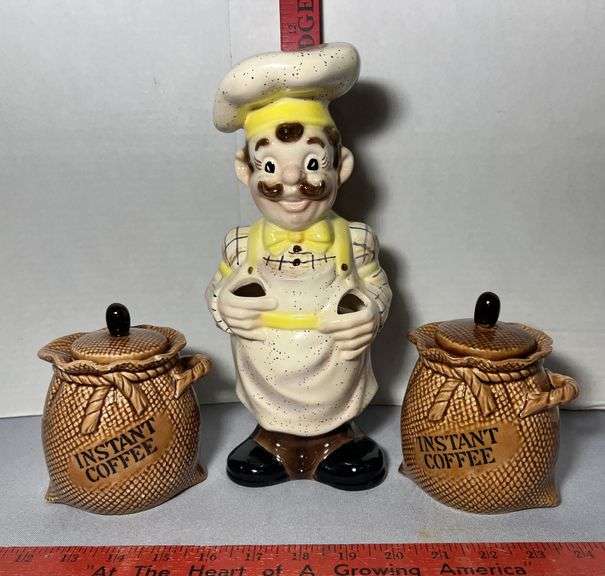 “Jolly Chef" Ceramic Kitchen Utensil Holder & Two Lefton Instant Coffee ...