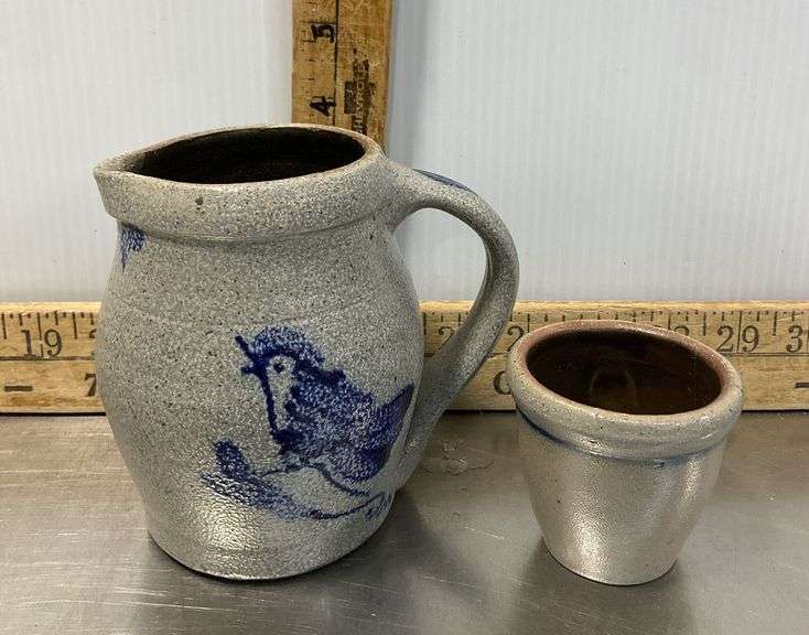 Rowe Pottery Stoneware Blueberry Small Pitcher & Cup - Sherwood Auctions