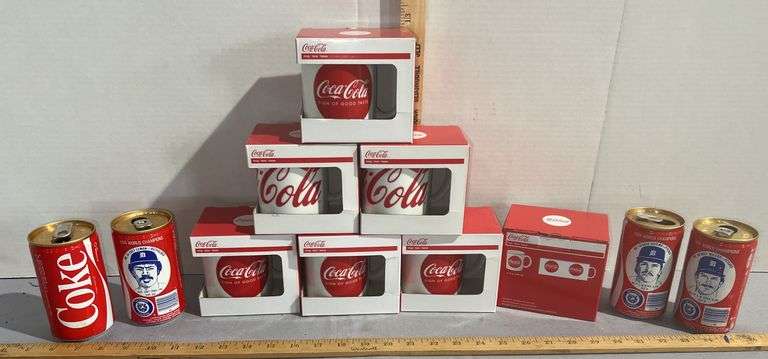 Seven New Coca Cola Mugs & Four Vintage Coca Cola Cans - Sherwood Auctions