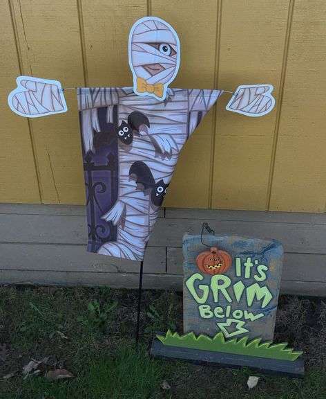 “It’s Grim Below” 21”x21” Wood Sign & 4’ tall Mummy Flag - Sherwood ...