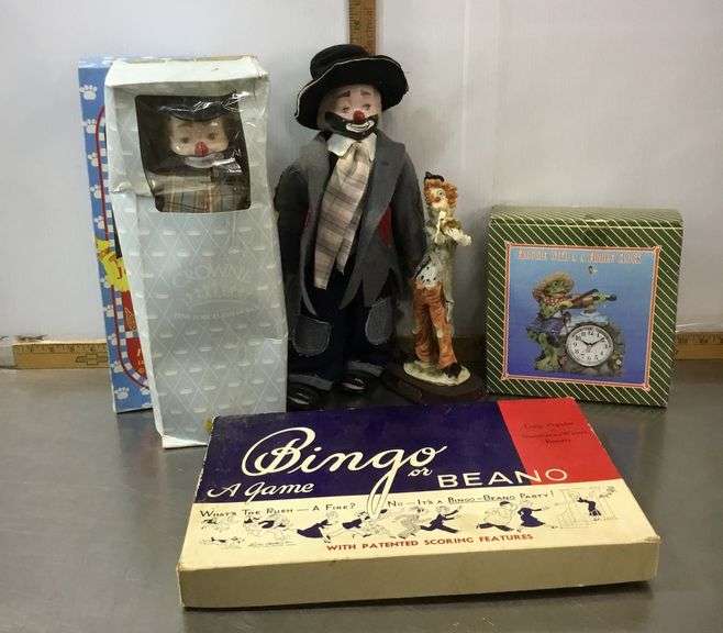 Bingo, Hobo Dolls, Frog Clock and Clown Figure - Sherwood Auctions