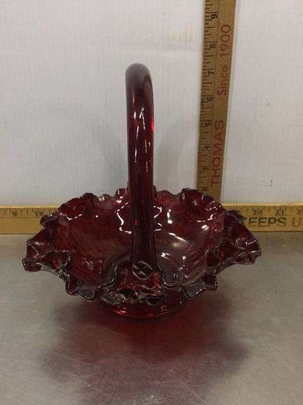 Ruby Red Fenton Thumbprint Basket - Sherwood Auctions