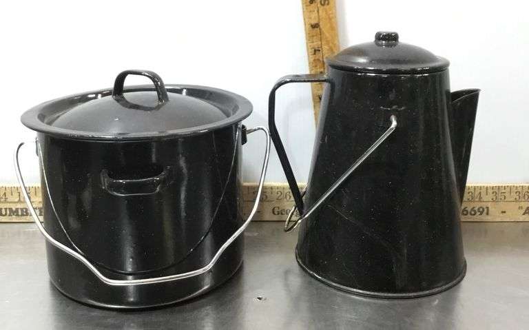 Black Speckled Enamel Outdoor Cooking Set - Sherwood Auctions